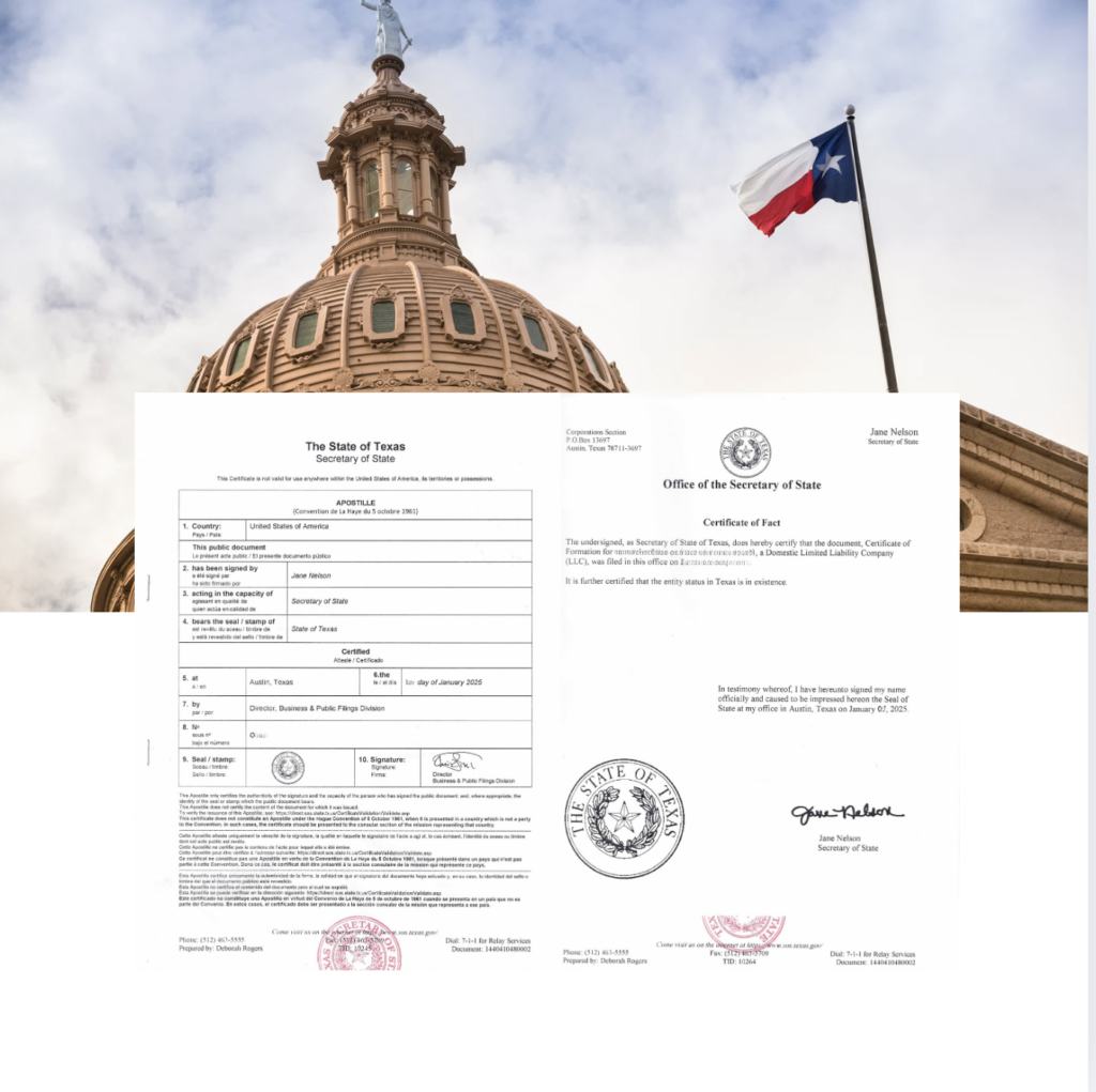 Texas Certificate of Fact and Apostilled by the Texas Secretary of ...